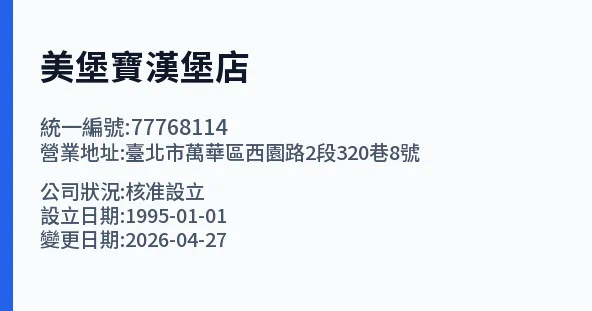 美堡寶漢堡店的照片-統編 77768114(臺北市) 公司登記資料與營業項目詳細圖表