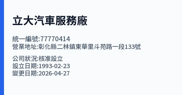 立大汽車服務廠的照片-統編 77770414(彰化縣) 公司登記資料與營業項目詳細圖表