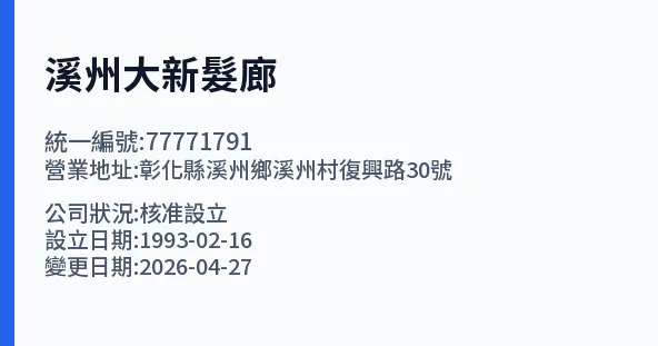 溪州大新髮廊的照片-統編 77771791(彰化縣) 公司登記資料與營業項目詳細圖表
