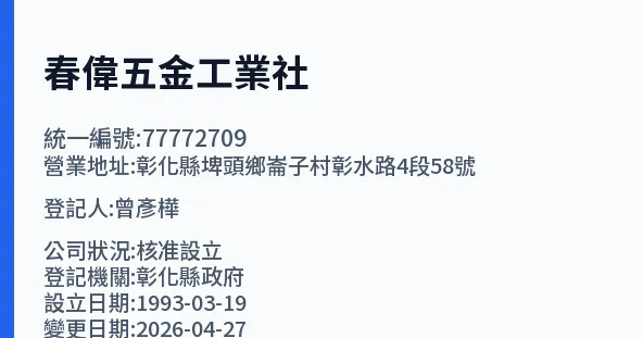 春偉五金工業社的照片-統編 77772709(彰化縣) 公司登記資料與營業項目詳細圖表