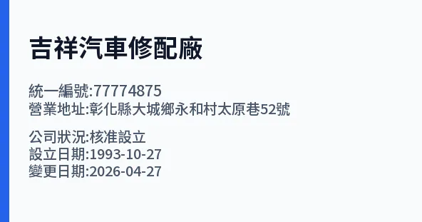 吉祥汽車修配廠的照片-統編 77774875(彰化縣) 公司登記資料與營業項目詳細圖表