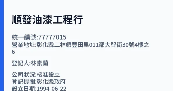 順發油漆工程行的照片-統編 77777015(彰化縣) 公司登記資料與營業項目詳細圖表