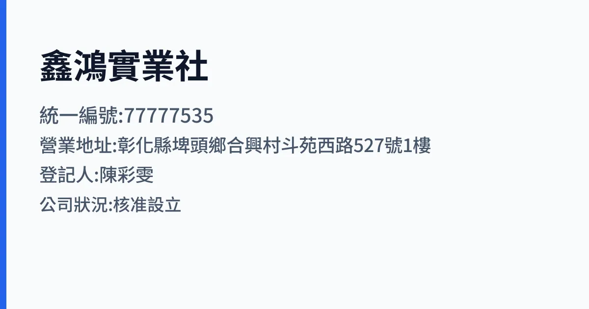鑫鴻實業社 - 統編 77777535(彰化縣) 公司登記資料與營業項目詳細圖表