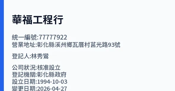 華福工程行的照片-統編 77777922(彰化縣) 公司登記資料與營業項目詳細圖表