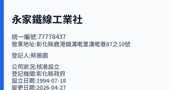 永家鐵線工業社的照片-統編 77778437(彰化縣) 公司登記資料與營業項目詳細圖表