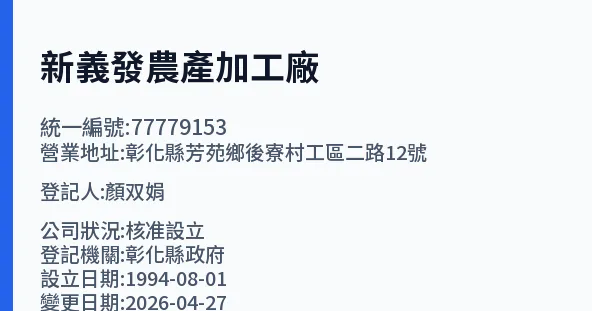 新義發農產加工廠的照片-統編 77779153(彰化縣) 公司登記資料與營業項目詳細圖表