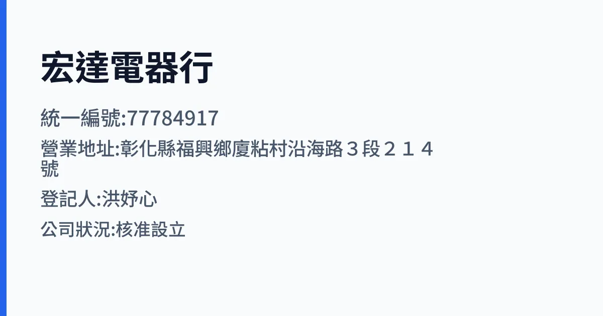 宏達電器行 - 統編 77784917(彰化縣) 公司登記資料與營業項目詳細圖表