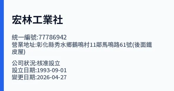 宏林工業社的照片-統編 77786942(彰化縣) 公司登記資料與營業項目詳細圖表