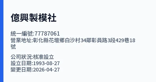 億興製模社的照片-統編 77787061(彰化縣) 公司登記資料與營業項目詳細圖表