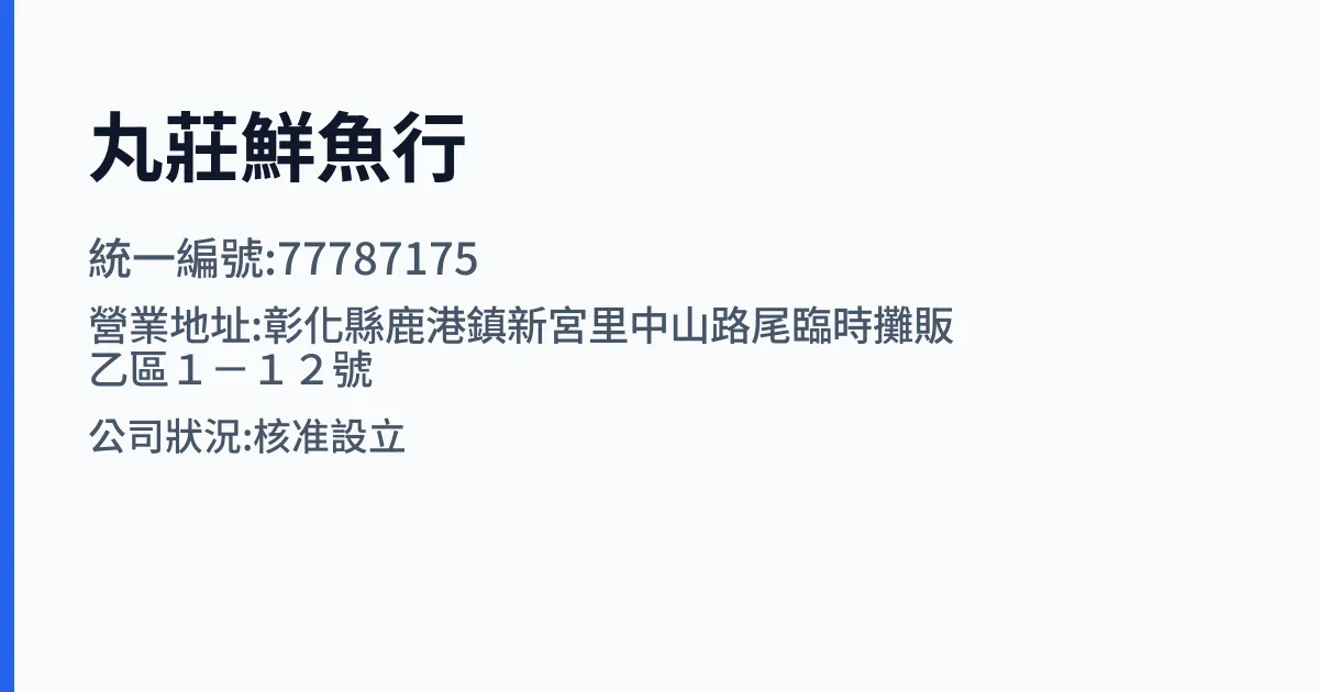 丸莊鮮魚行 - 統編 77787175(彰化縣) 公司登記資料與營業項目詳細圖表