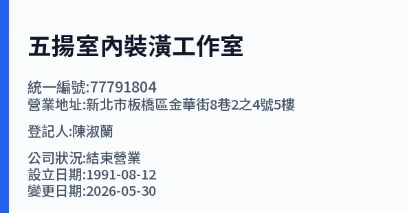 五揚室內裝潢工作室的照片-統編 77791804(新北市) 公司登記資料與營業項目詳細圖表
