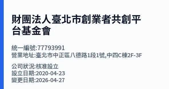 財團法人臺北市創業者共創平台基金會的照片-統編 77793991(臺北市) 公司登記資料與營業項目詳細圖表