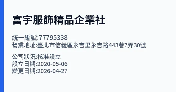 富宇服飾精品企業社的照片-統編 77795338(臺北市) 公司登記資料與營業項目詳細圖表