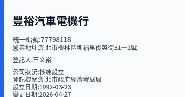 豐裕汽車電機行的照片-統編 77798118(新北市) 公司登記資料與營業項目詳細圖表
