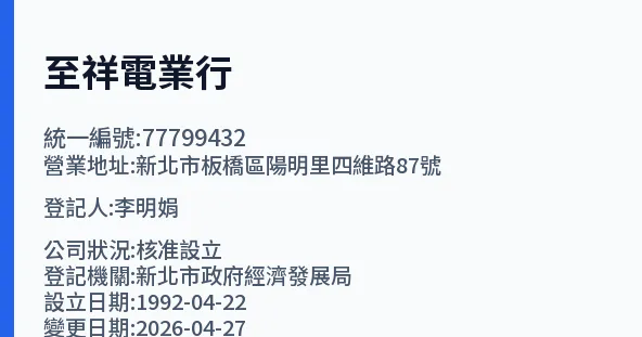 至祥電業行的照片-統編 77799432(新北市) 公司登記資料與營業項目詳細圖表