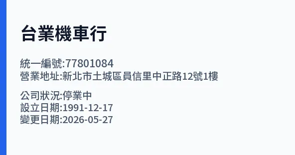 台業機車行的照片-統編 77801084(新北市) 公司登記資料與營業項目詳細圖表