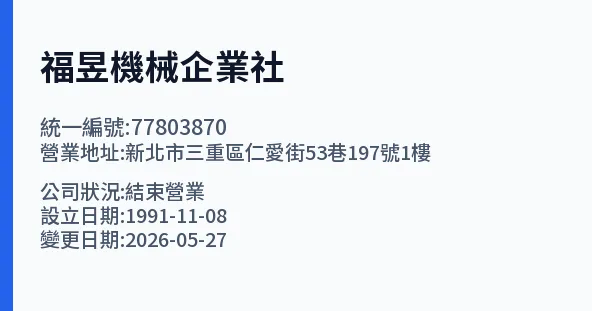 福昱機械企業社的照片-統編 77803870(新北市) 公司登記資料與營業項目詳細圖表