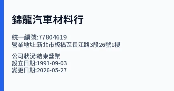 錦龍汽車材料行的照片-統編 77804619(新北市) 公司登記資料與營業項目詳細圖表