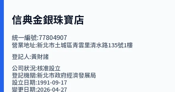 信典金銀珠寶店的照片-統編 77804907(新北市) 公司登記資料與營業項目詳細圖表