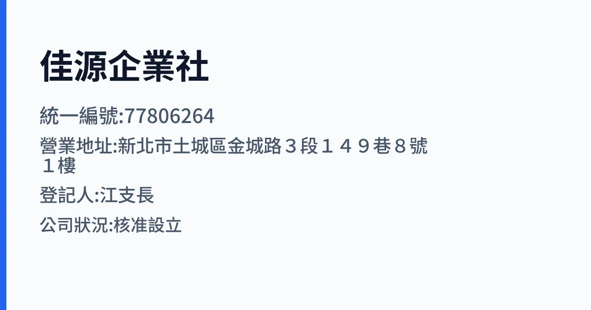 佳源企業社 - 統編 77806264(新北市) 公司登記資料與營業項目詳細圖表