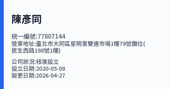 陳彥同的照片-統編 77807144(臺北市) 公司登記資料與營業項目詳細圖表