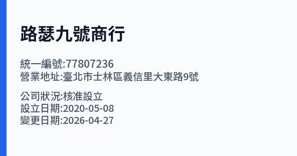 路瑟九號商行的照片-統編 77807236(臺北市) 公司登記資料與營業項目詳細圖表