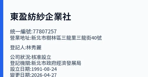 東盈紡紗企業社的照片-統編 77807257(新北市) 公司登記資料與營業項目詳細圖表