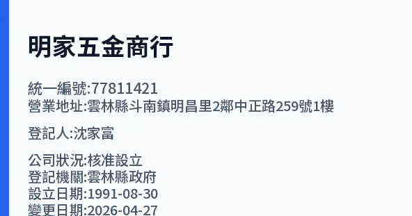 明家五金商行的照片-統編 77811421(雲林縣) 公司登記資料與營業項目詳細圖表