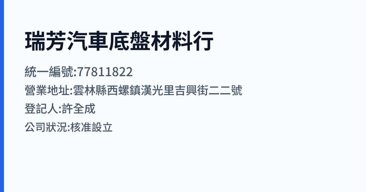 瑞芳汽車底盤材料行 - 統編 77811822(雲林縣) 公司登記資料與營業項目詳細圖表