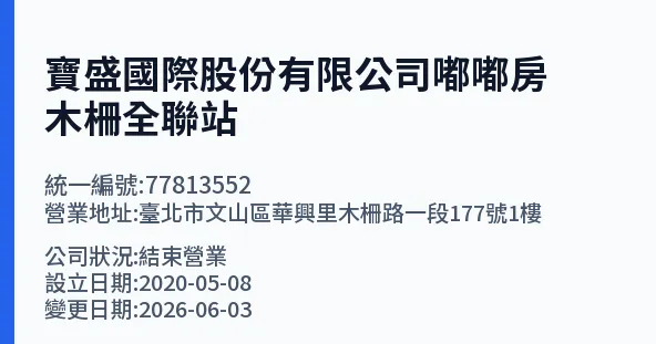 寶盛國際股份有限公司嘟嘟房木柵全聯站的照片-統編 77813552(臺北市) 公司登記資料與營業項目詳細圖表