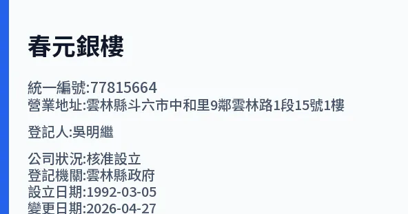 春元銀樓的照片-統編 77815664(雲林縣) 公司登記資料與營業項目詳細圖表