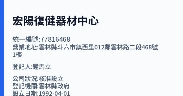 宏陽復健器材中心的照片-統編 77816468(雲林縣) 公司登記資料與營業項目詳細圖表