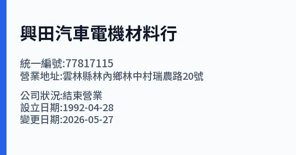 興田汽車電機材料行的照片-統編 77817115(雲林縣) 公司登記資料與營業項目詳細圖表