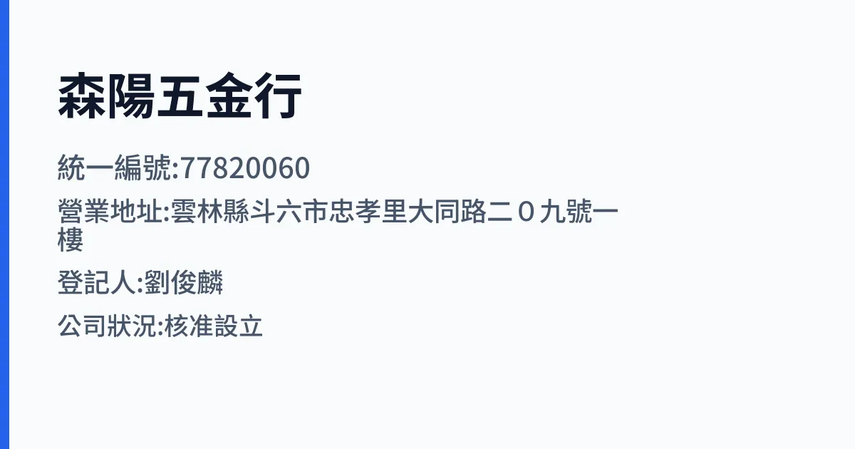森陽五金行 - 統編 77820060(雲林縣) 公司登記資料與營業項目詳細圖表