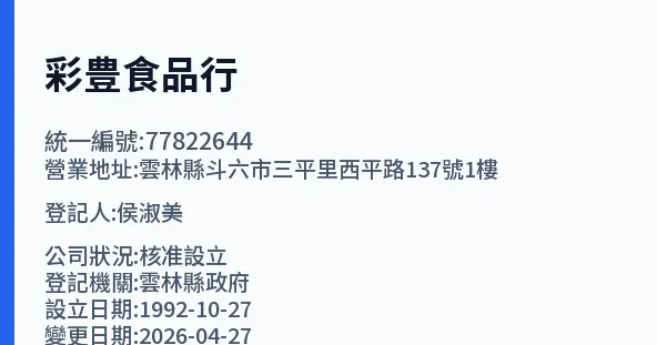 彩豊食品行的照片-統編 77822644(雲林縣) 公司登記資料與營業項目詳細圖表