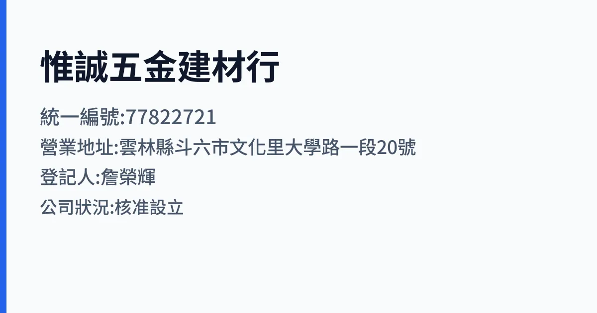 惟誠五金建材行 - 統編 77822721(雲林縣) 公司登記資料與營業項目詳細圖表