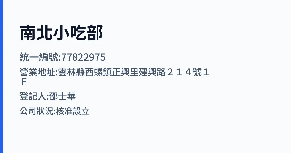 南北小吃部 - 統編 77822975(雲林縣) 公司登記資料與營業項目詳細圖表