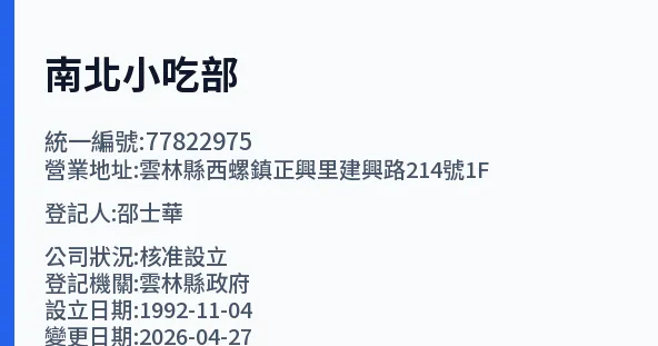 南北小吃部的照片-統編 77822975(雲林縣) 公司登記資料與營業項目詳細圖表