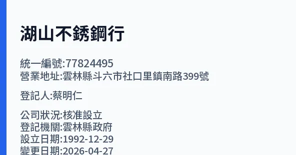 湖山不銹鋼行的照片-統編 77824495(雲林縣) 公司登記資料與營業項目詳細圖表