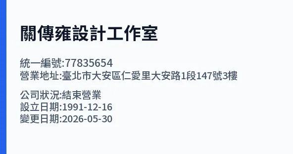 關傳雍設計工作室的照片-統編 77835654(臺北市) 公司登記資料與營業項目詳細圖表