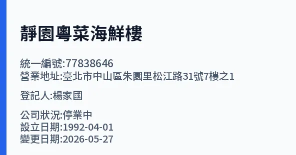 靜園粵菜海鮮樓的照片-統編 77838646(臺北市) 公司登記資料與營業項目詳細圖表