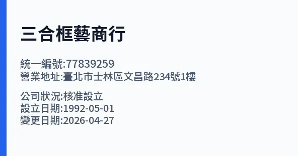 三合框藝商行的照片-統編 77839259(臺北市) 公司登記資料與營業項目詳細圖表