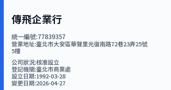 傳飛企業行的照片-統編 77839357(臺北市) 公司登記資料與營業項目詳細圖表