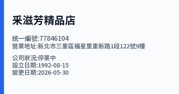 釆滋芳精品店的照片-統編 77846104(新北市) 公司登記資料與營業項目詳細圖表