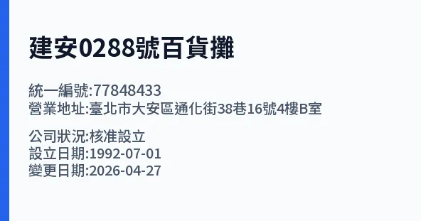 建安0288號百貨攤的照片-統編 77848433(臺北市) 公司登記資料與營業項目詳細圖表