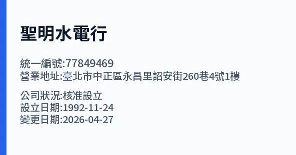 聖明水電行的照片-統編 77849469(臺北市) 公司登記資料與營業項目詳細圖表