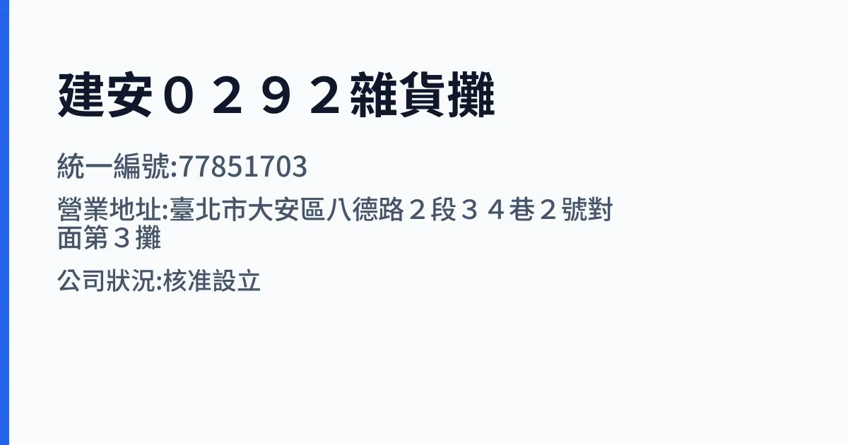 建安０２９２雜貨攤 - 統編 77851703(臺北市) 公司登記資料與營業項目詳細圖表