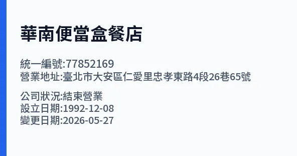 華南便當盒餐店的照片-統編 77852169(臺北市) 公司登記資料與營業項目詳細圖表