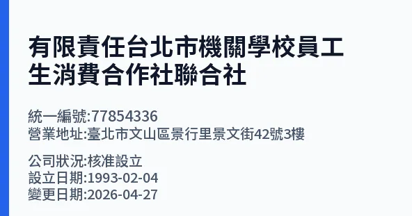 有限責任台北市機關學校員工生消費合作社聯合社的照片-統編 77854336(臺北市) 公司登記資料與營業項目詳細圖表