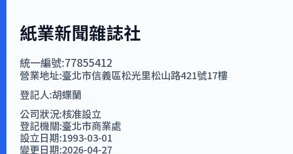 紙業新聞雜誌社的照片-統編 77855412(臺北市) 公司登記資料與營業項目詳細圖表